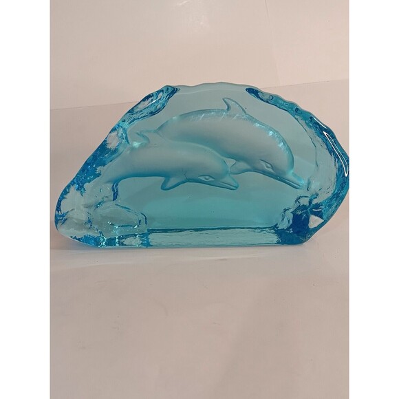 Accents | Vintage Blue Art Glass Sculpture Of Dolphins In Ocean With ...